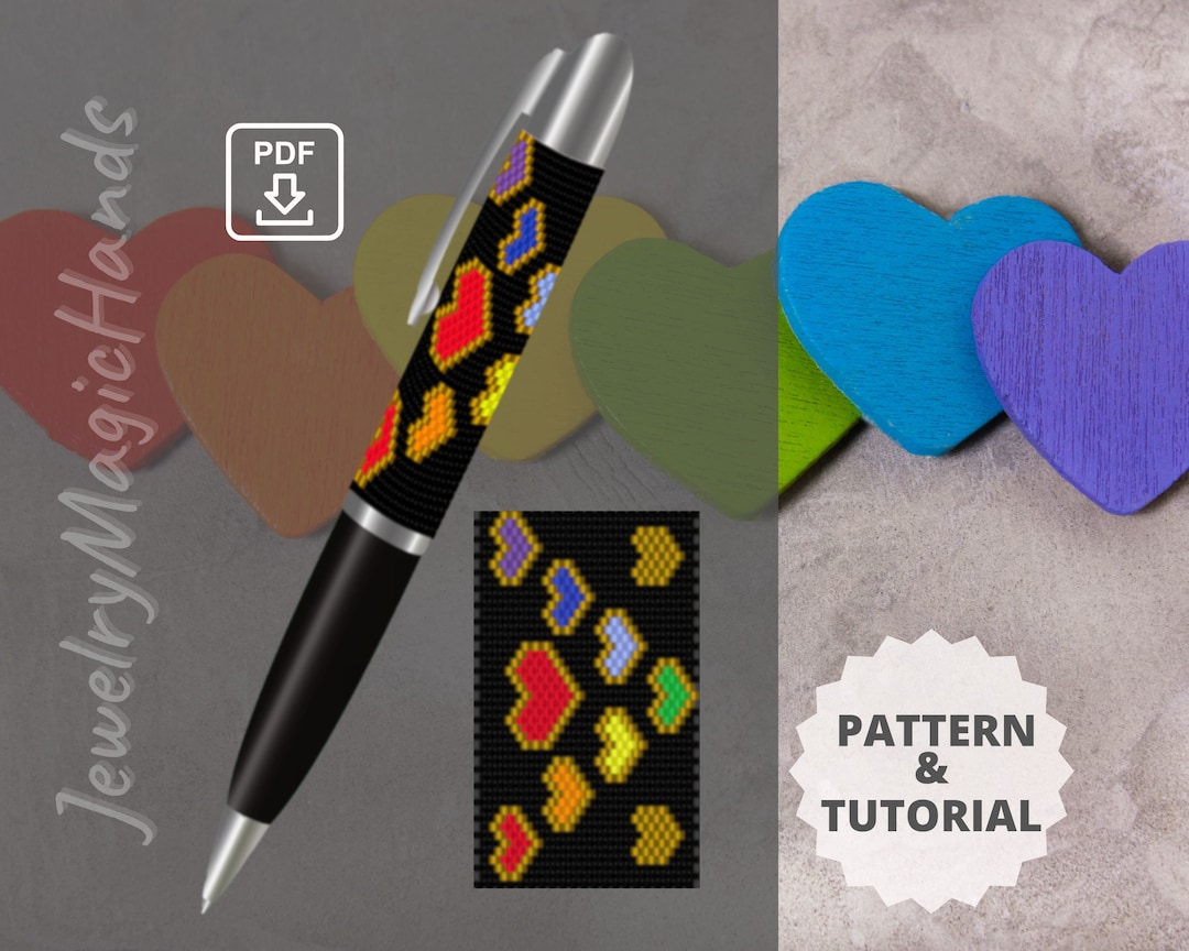 Pen Wrap Rainbow Heart Pattern Step by Step TUTORIAL Pen Cover Beaded ...
