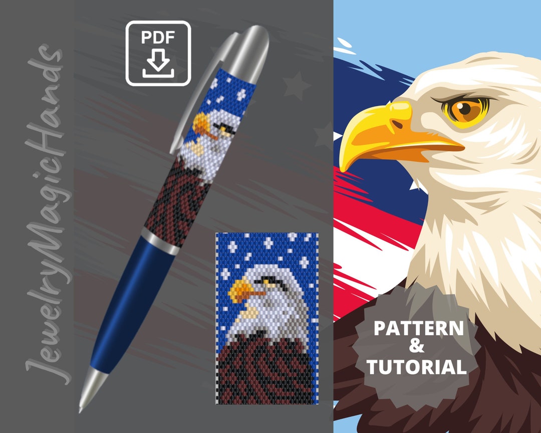 Pen Wrap Bald Eagle Pattern Step by Step TUTORIAL Pen Cover Beaded Peyote Stitch PDF Digital Do ...