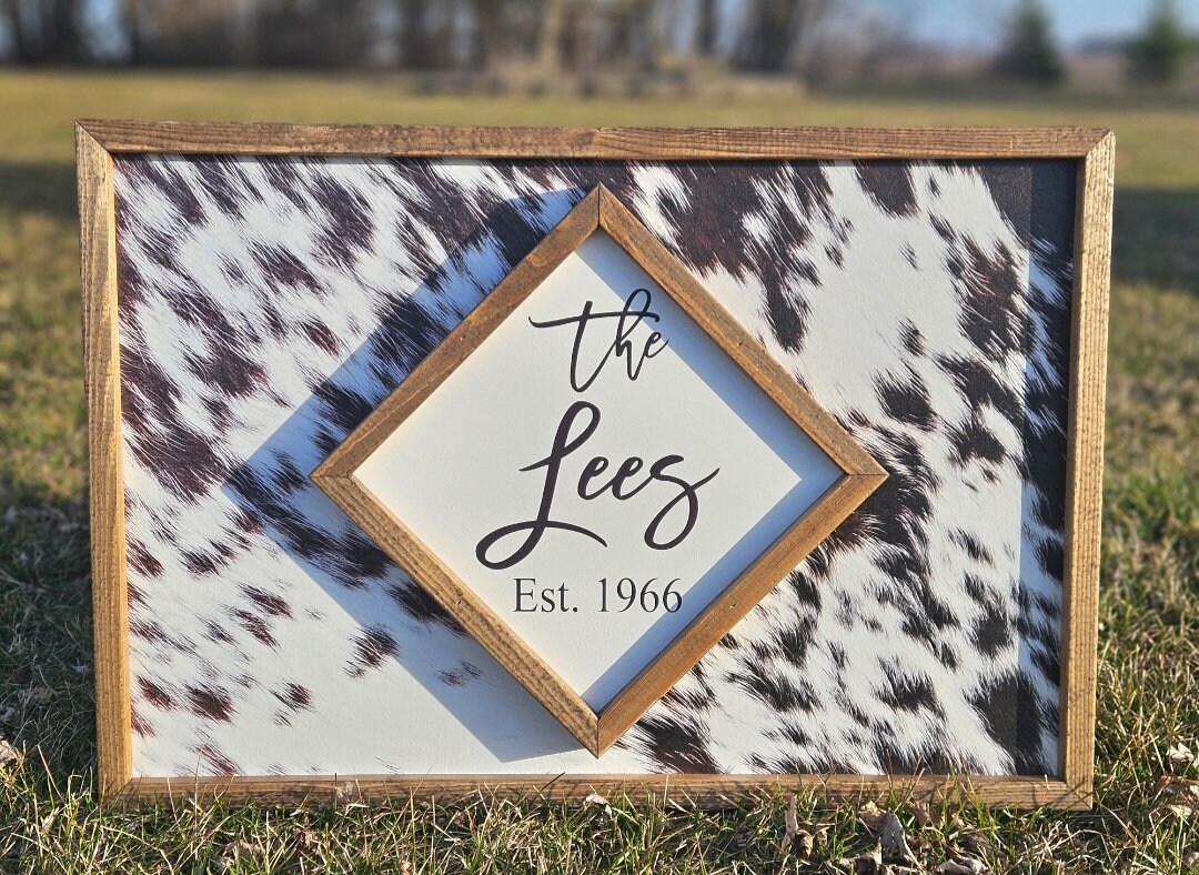 Cowhide Wooden Frame Sign - Cowhide Last Name Sign - Western Decor ...
