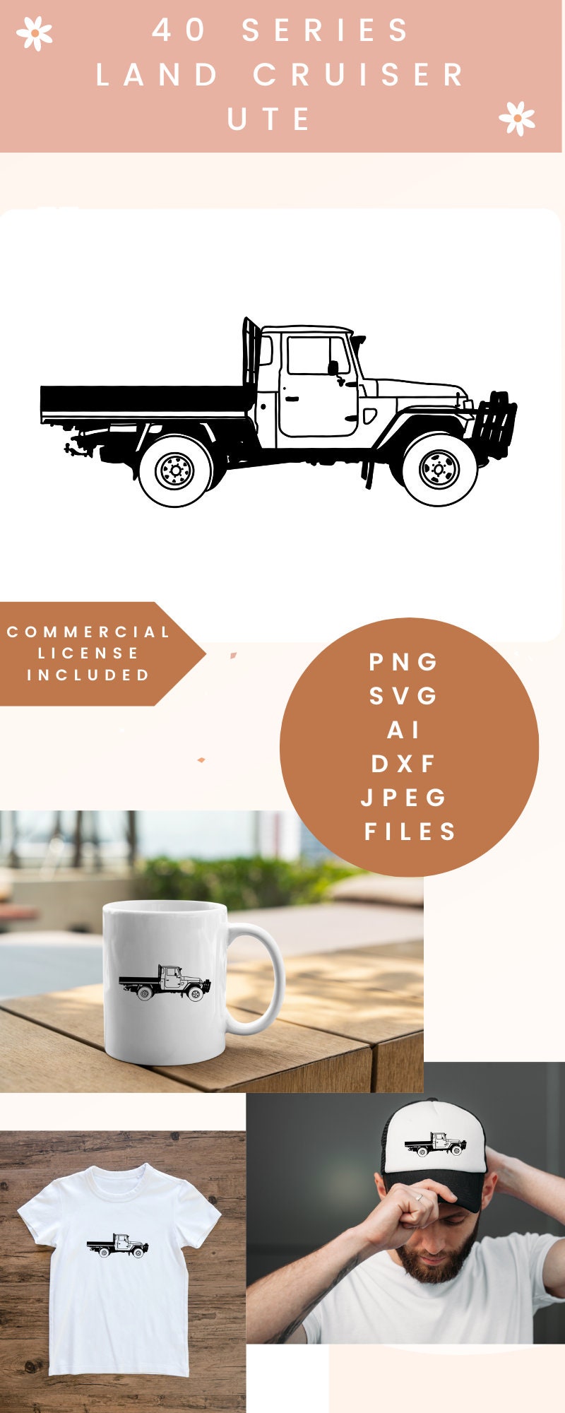 Toyota 40 Series Land Cruiser Ute Cut File FJ40 Outline Vintage 4x4 ...