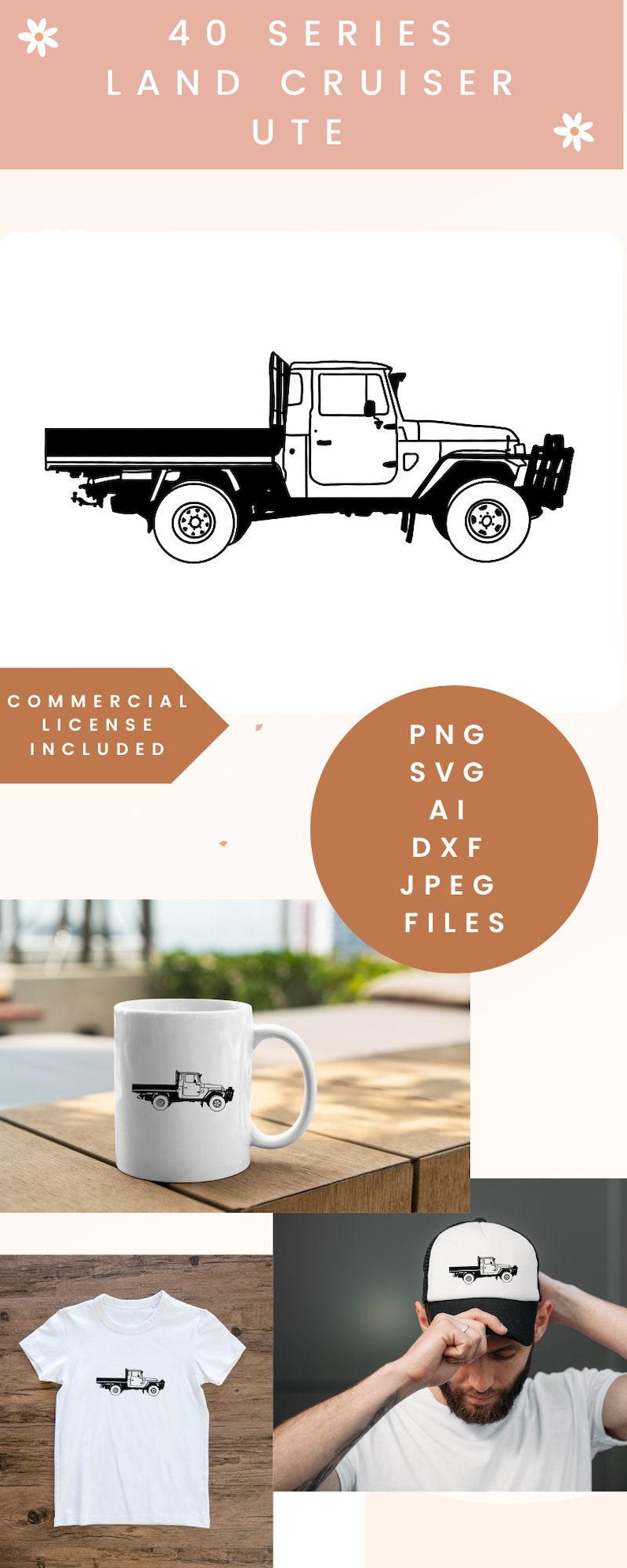 Toyota 40 Series Land Cruiser Ute Cut File FJ40 Outline Vintage 4x4 ...