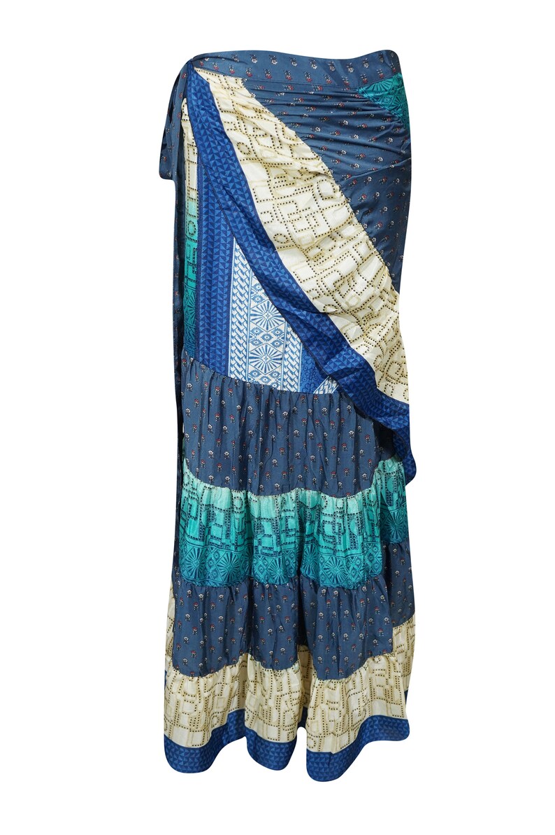 Women Ruffle Wrap Skirt, Tiered Maxi Wrap Skirts, Beige Blue Paisley ...