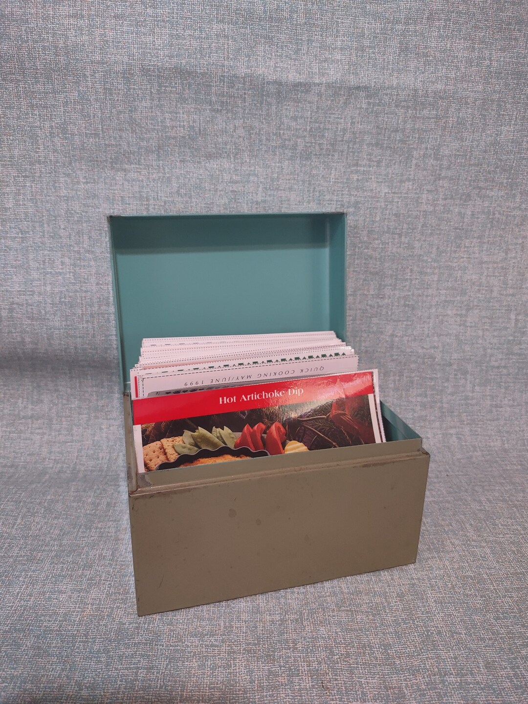 Vintage Two-tone Turquoise and Avocado Green Metal Recipe Card Box With ...