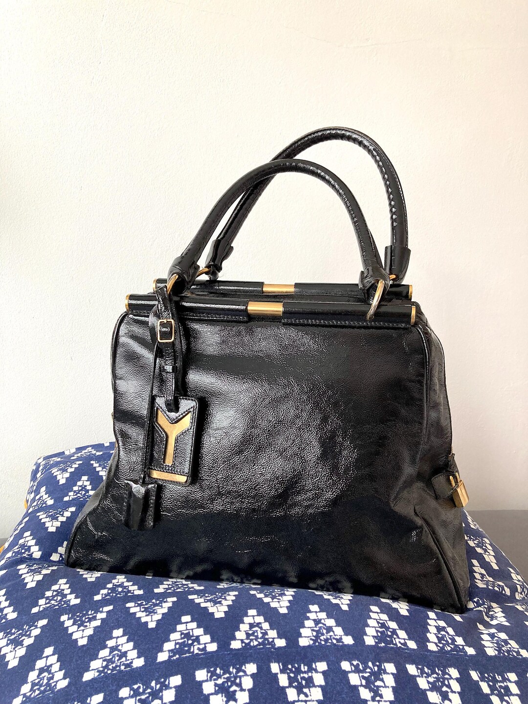 YSL Yves Saint Laurent Black Patent Leather Majorelle Satchel Tote ...