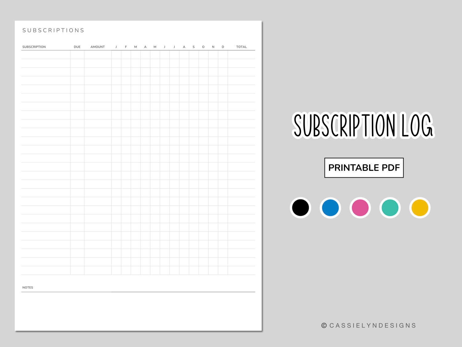PRINTABLE PDF - Subscription Log - Etsy
