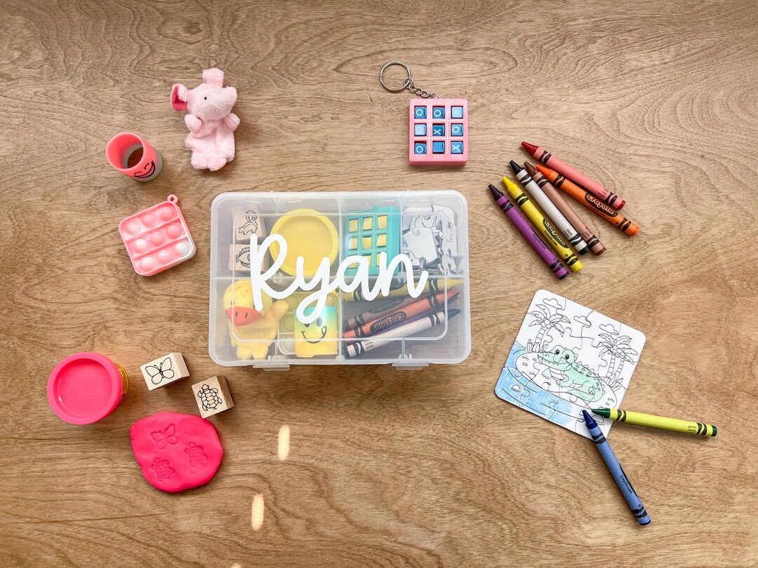 Personalized Kids Travel Activity Box – Clear Divider Kit With Crayons ...
