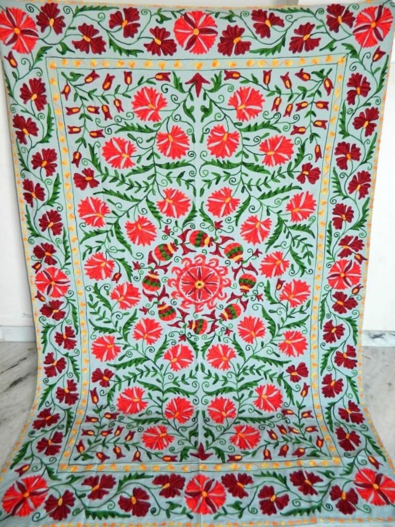 Cotton Suzani Throw Blanket Embroidery Bed Sheet Bedspread Suzani ...