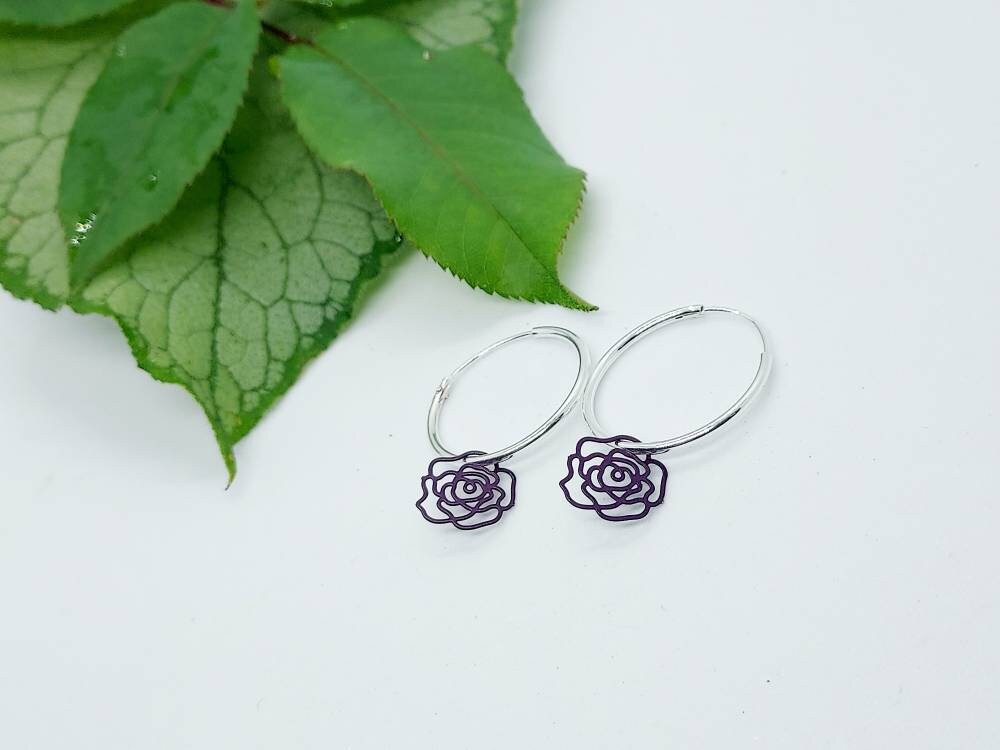 Purple Rose Flower Hoop Earrings Sterling Silver Gift Ideas - Etsy UK