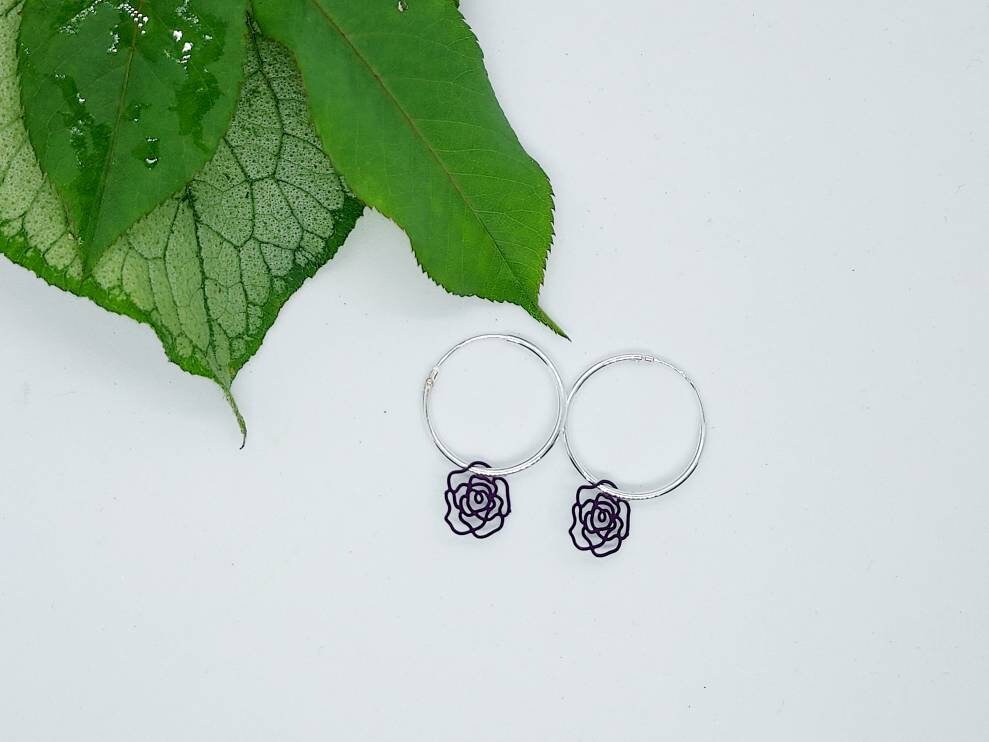 Purple Rose Flower Hoop Earrings Sterling Silver Gift Ideas - Etsy UK