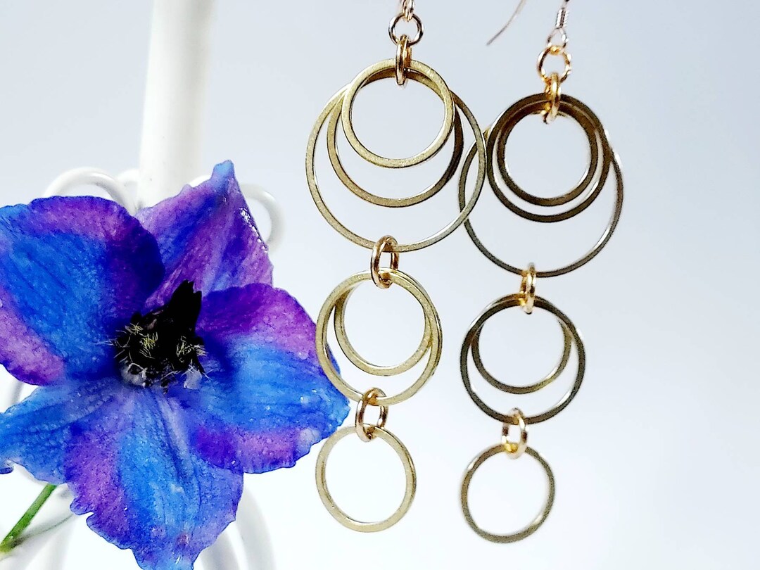 Light Gold Long Dangle Earrings With Multiple Open Circles, Three Layer ...