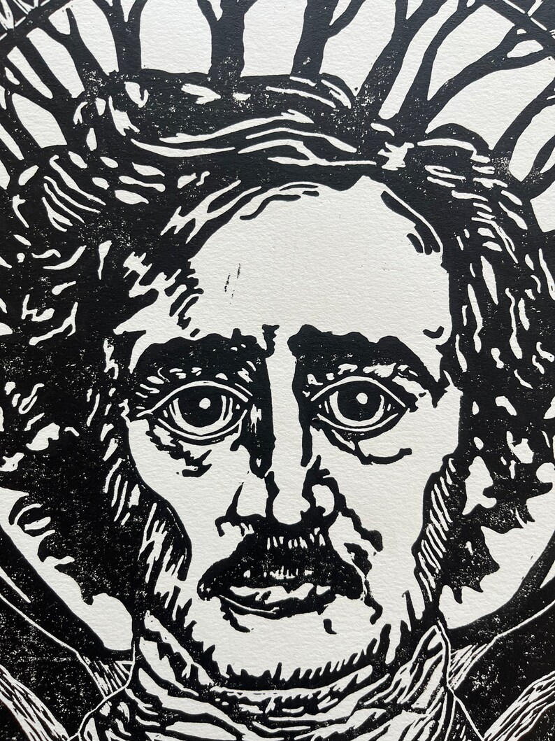 Linocut Edgar Allan Poe Cursed Writer Engraving Writer the | Etsy