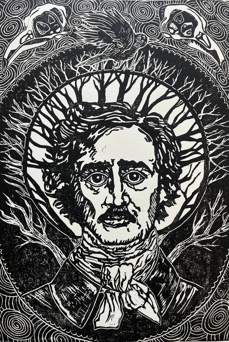 Linocut Edgar Allan Poe Cursed Writer Engraving Writer the | Etsy