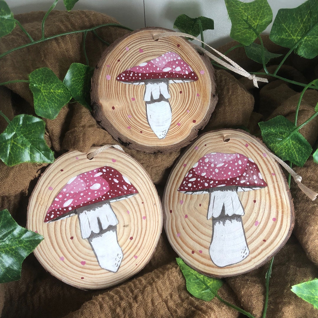 Classic Toadstool Wood Slice Illustration Gouache Paint Painted Wood ...