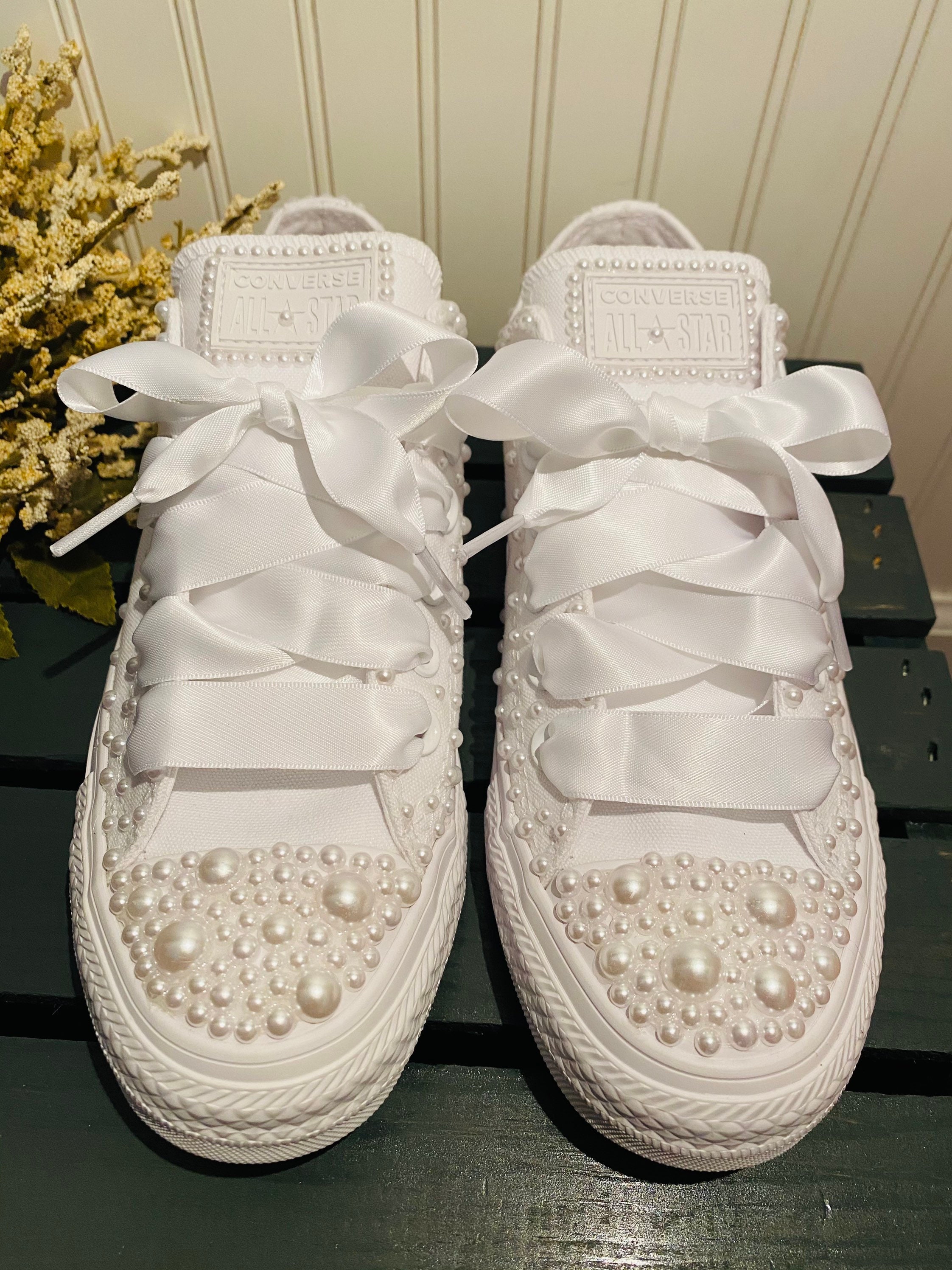 Custom Wedding Shoes | Pearl Encrusted | Satin Laces | Personalized ...