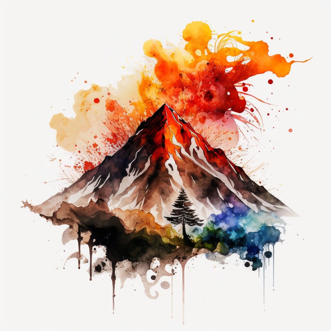 Volcano PNG Painting Volcano Print Volcano Watercolor Volcano Digital Download Volcano Wall Art ...