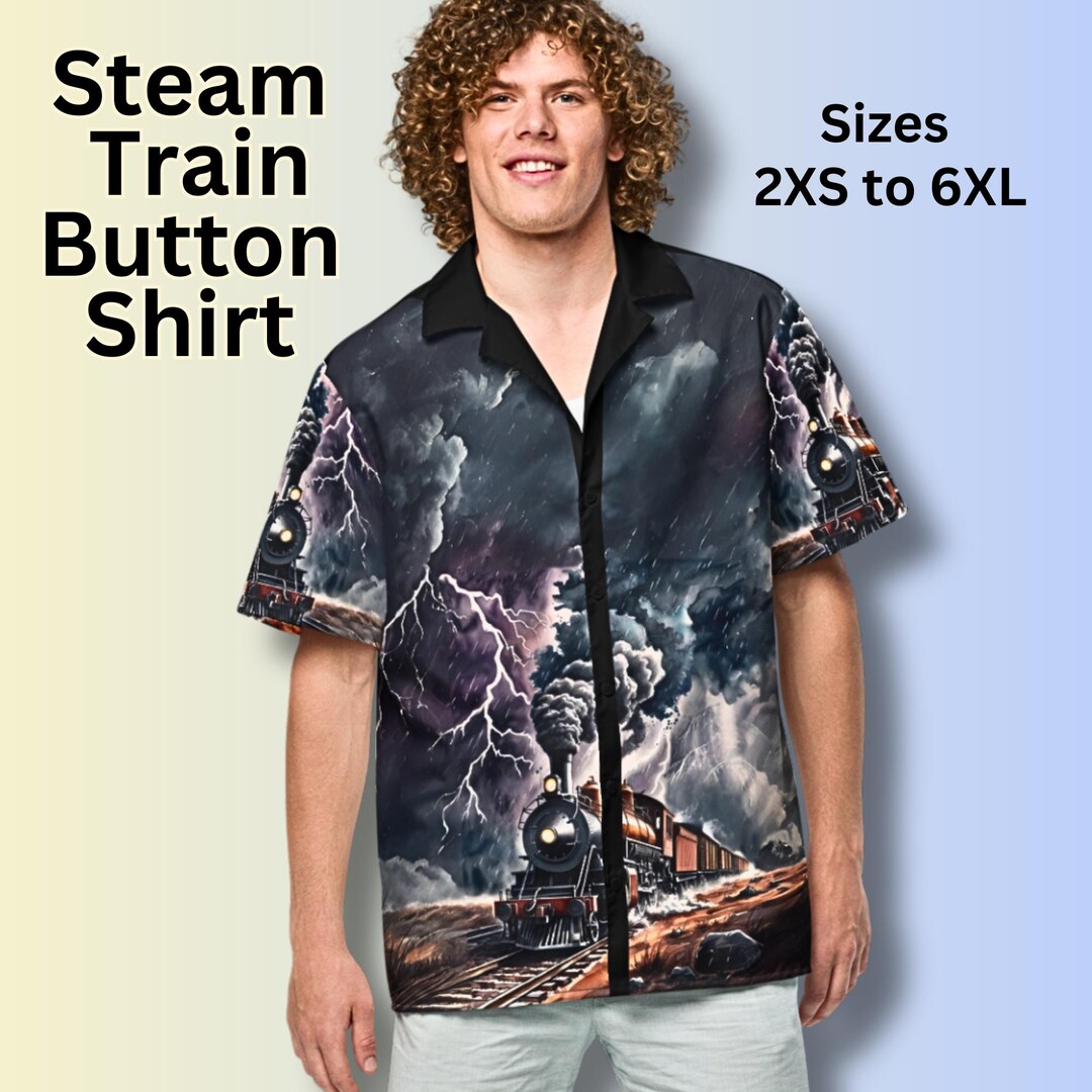 Red Steam Train in Storm, Button Shirt, All Over Print, Great Gift for ...