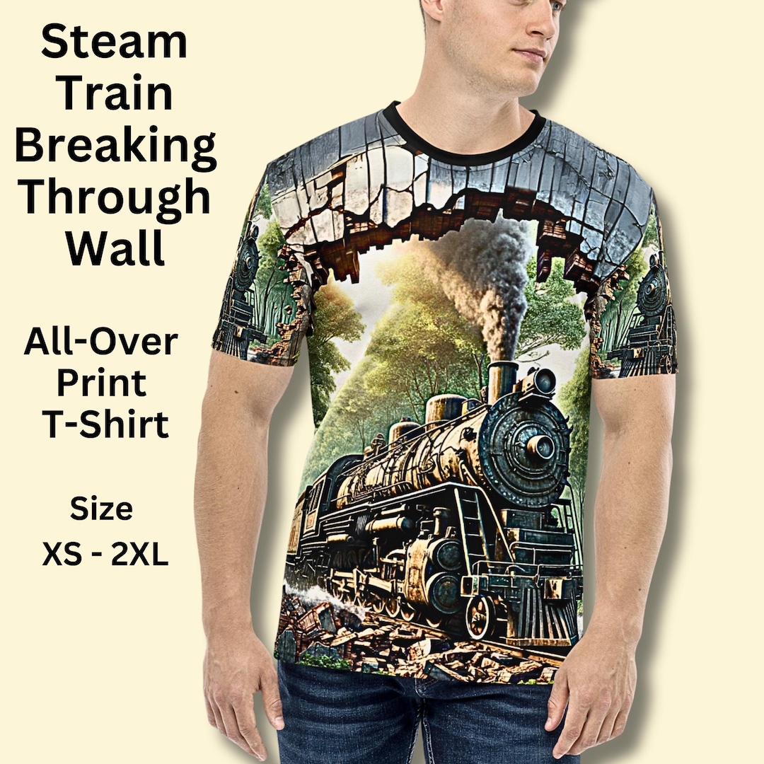 Steam Train Breaking Through Wall, Men's T-shirt, Great Gift for Steam ...