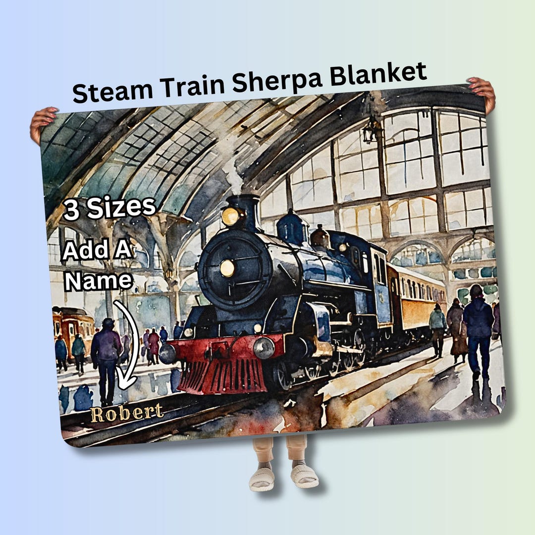 Personalized Name Steam Train in Covered Station Watercolor Sherpa ...