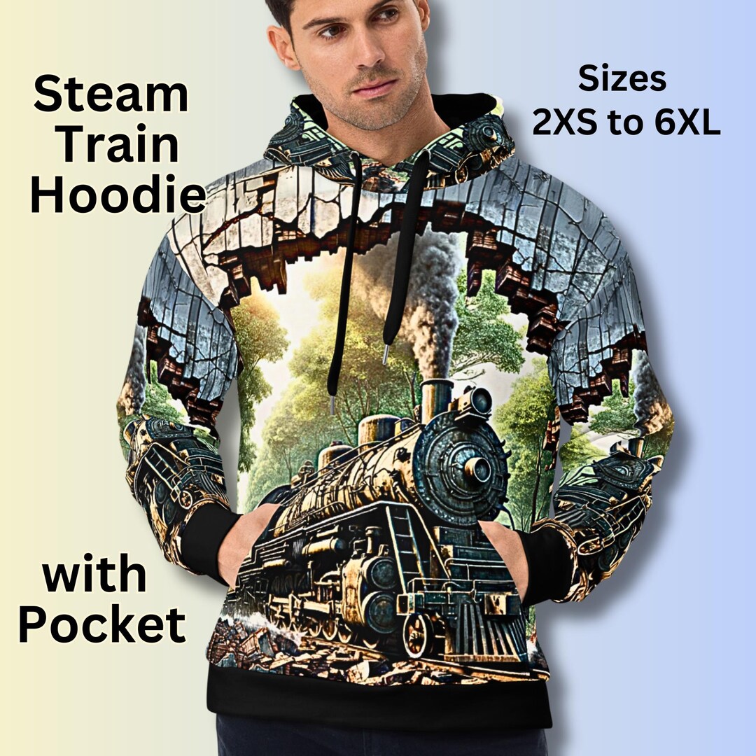 Steam Train Breaking Through Wall, Hoodie With Front Pocket, All Over ...
