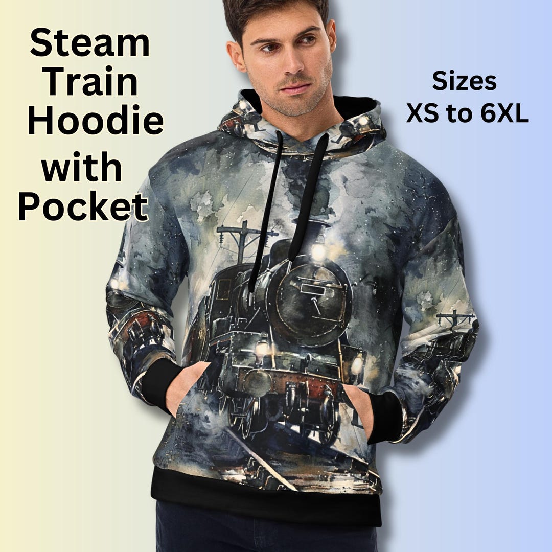 Steam Train Hoodie With Front Pocket, All Over Print, Great Gift for ...