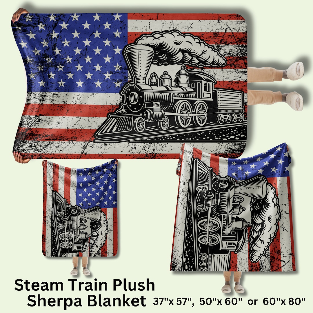 Vintage Steam Train on American Flag Sherpa Blanket - Etsy