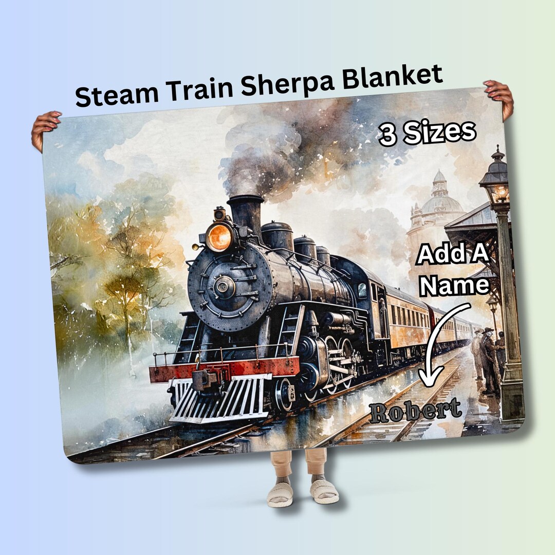 Personalize Name, Steam Train at the Station, Sherpa Throw Blanket ...