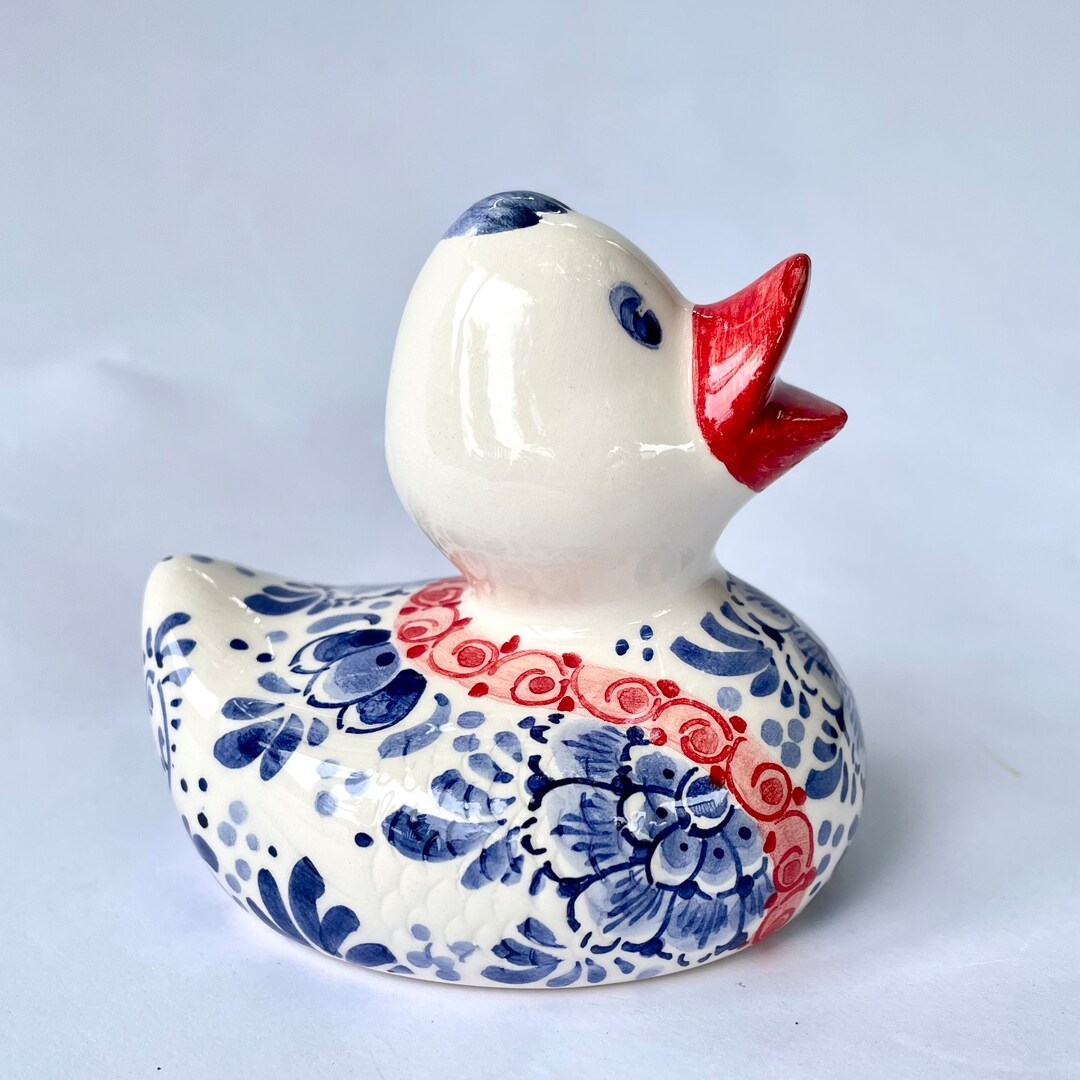 Hand-painted Delft Blue Rubber Duck With Red Accents - Etsy