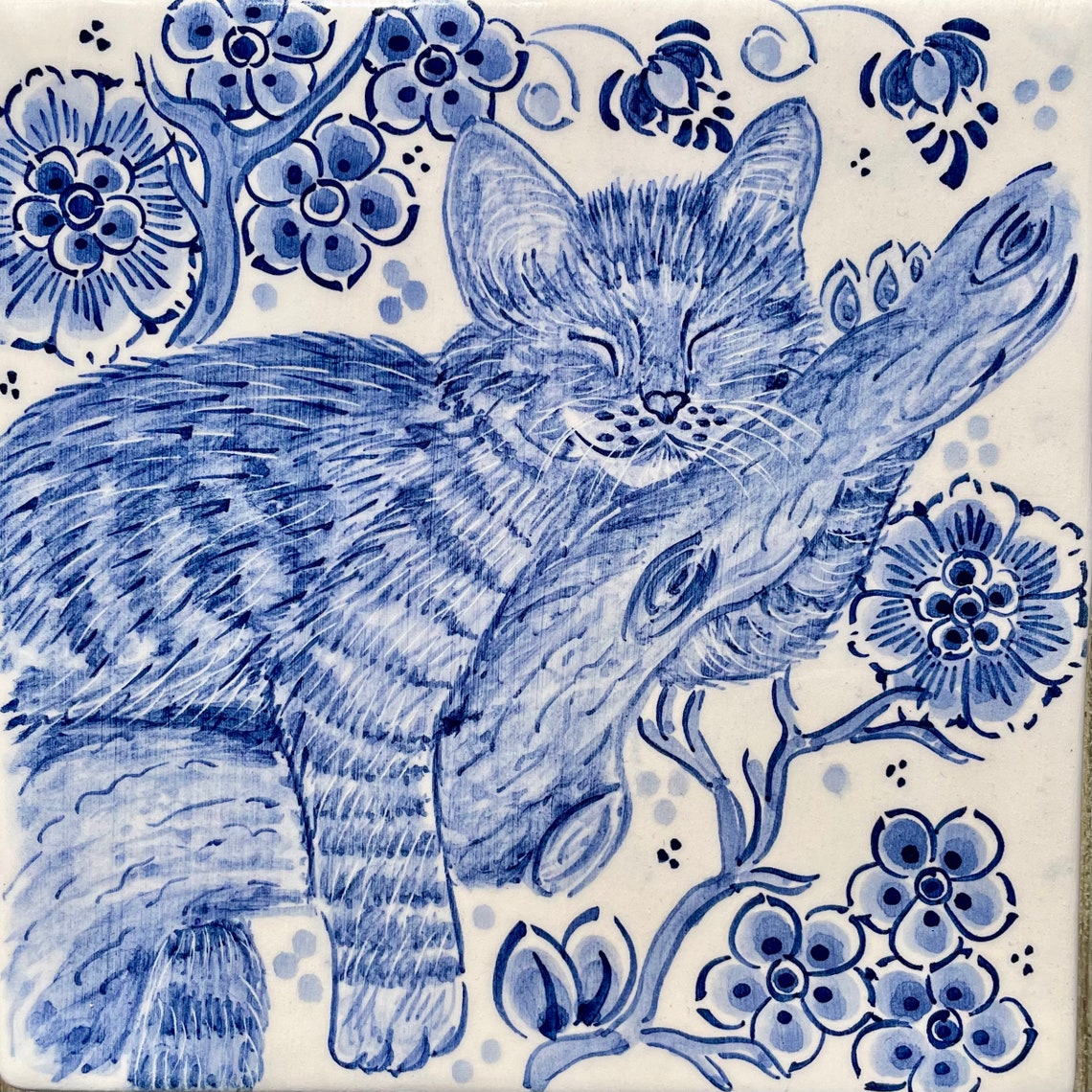Hand-painted Tile Delft Blue Image Cat - Etsy