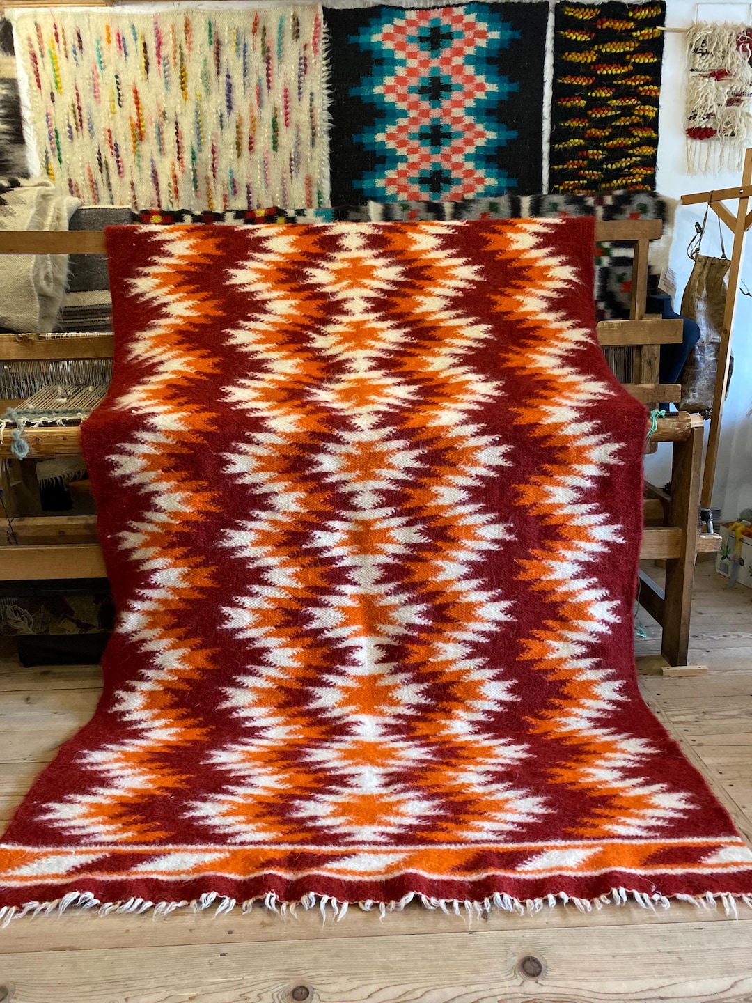 Handwoven Red Wool Rug: Scandinavian Geometric Design (90x110cm) - Etsy