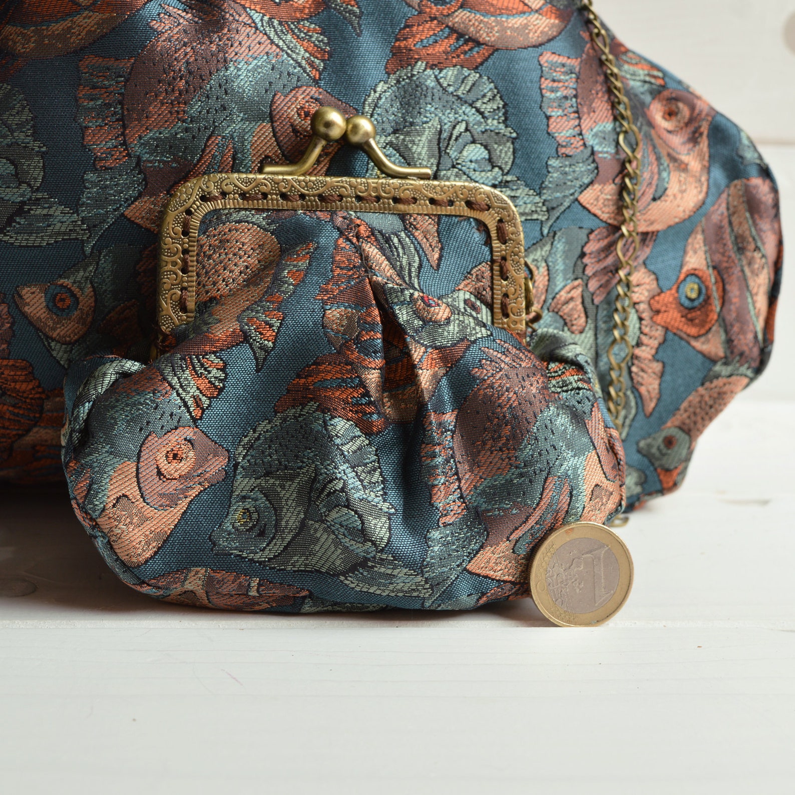 Purse Coin, Money Bag, in Silk and Viscose Blend. Fishes Print, Purple ...
