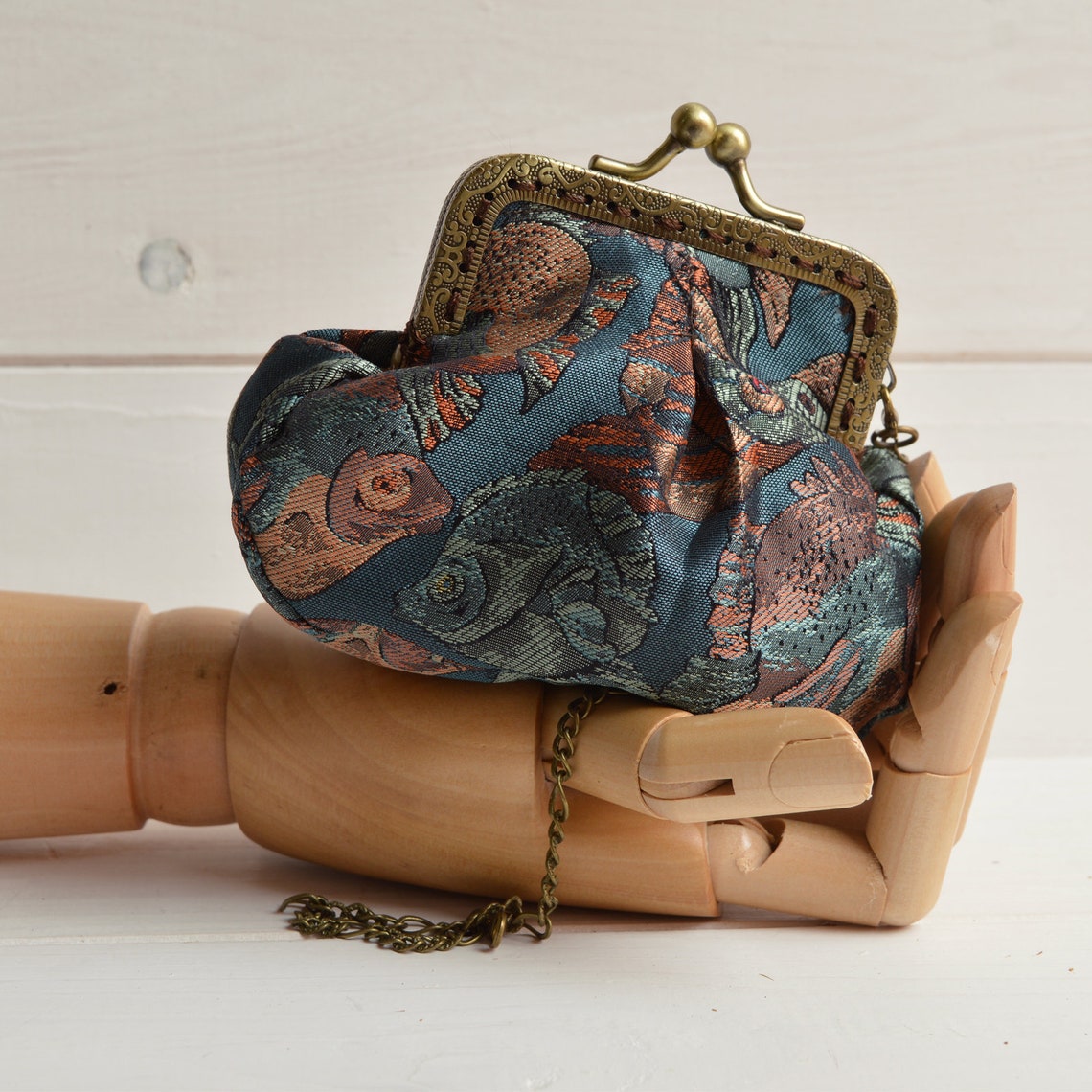 Purse Coin, Money Bag, in Silk and Viscose Blend. Fishes Print, Purple ...