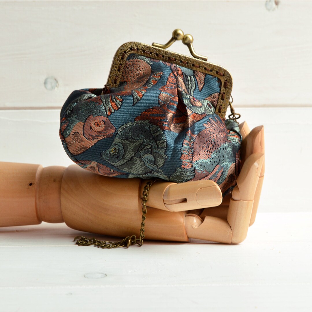 Purse Coin, Money Bag, in Silk and Viscose Blend. Fishes Print, Purple ...