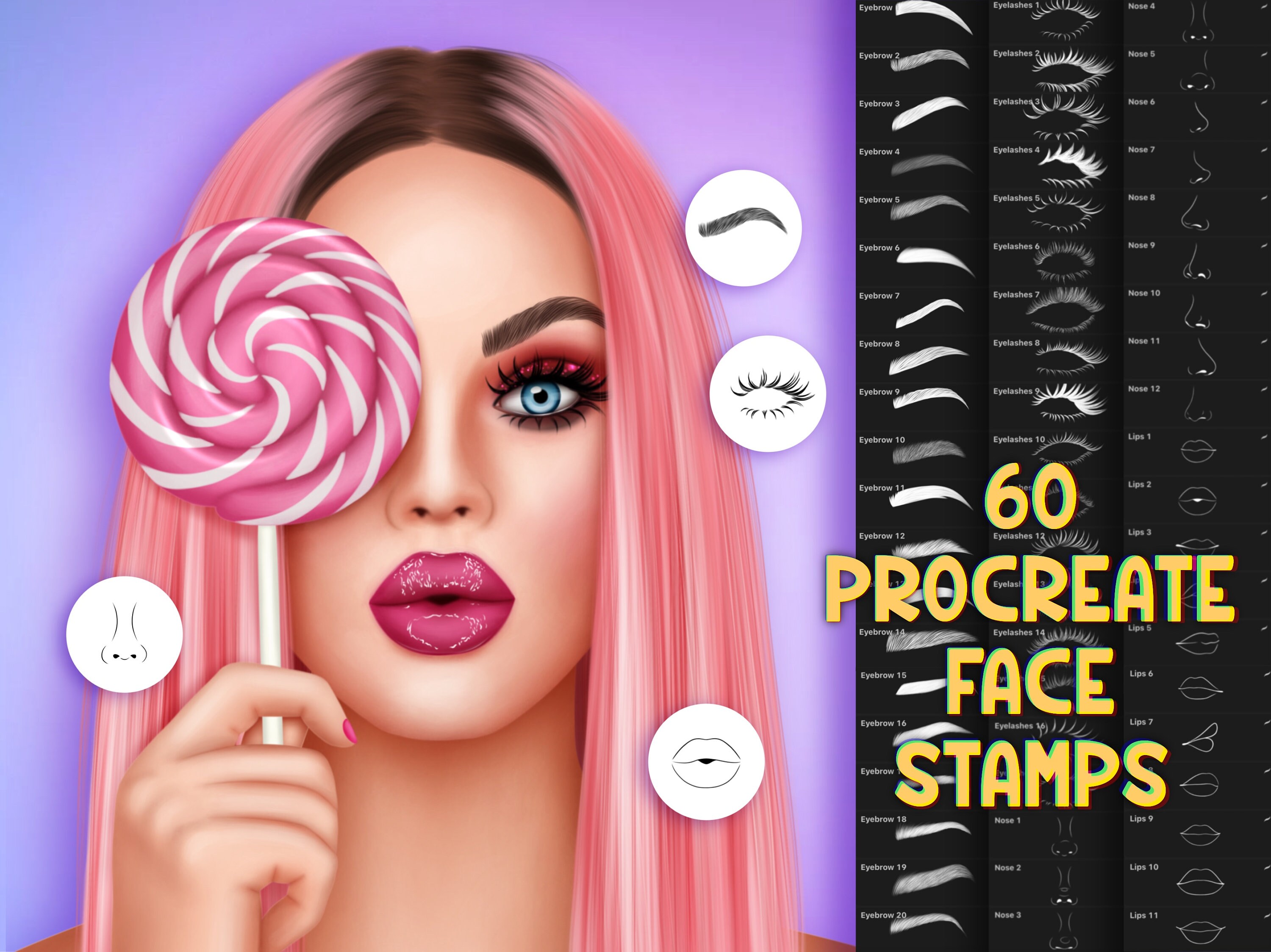 Procreate Face Stamps, Procreate Eyelashes, Eyebrows, Lips, Nose ...