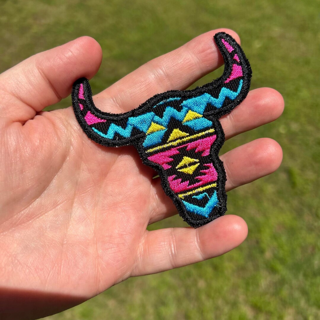 Aztec Pattern Bull Skull Hat Bar Patch With Glue Backing, Cute Patches ...