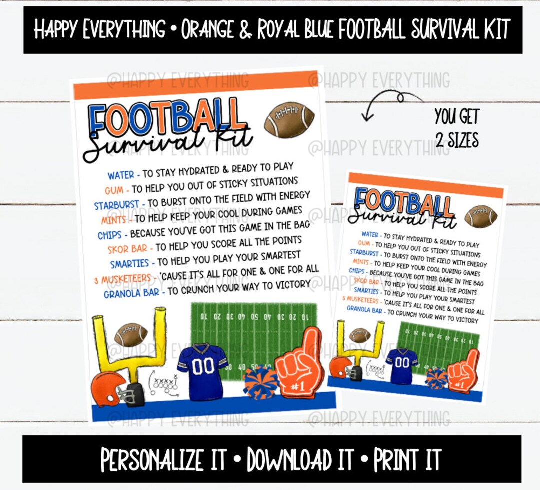 Orange & Royal Blue Football Survival Kit Printable, Instant Digital ...