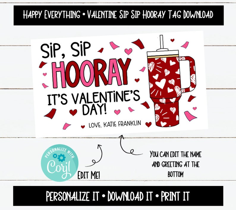 EDITABLE Sip Sip Hooray Valentine Tag - Etsy