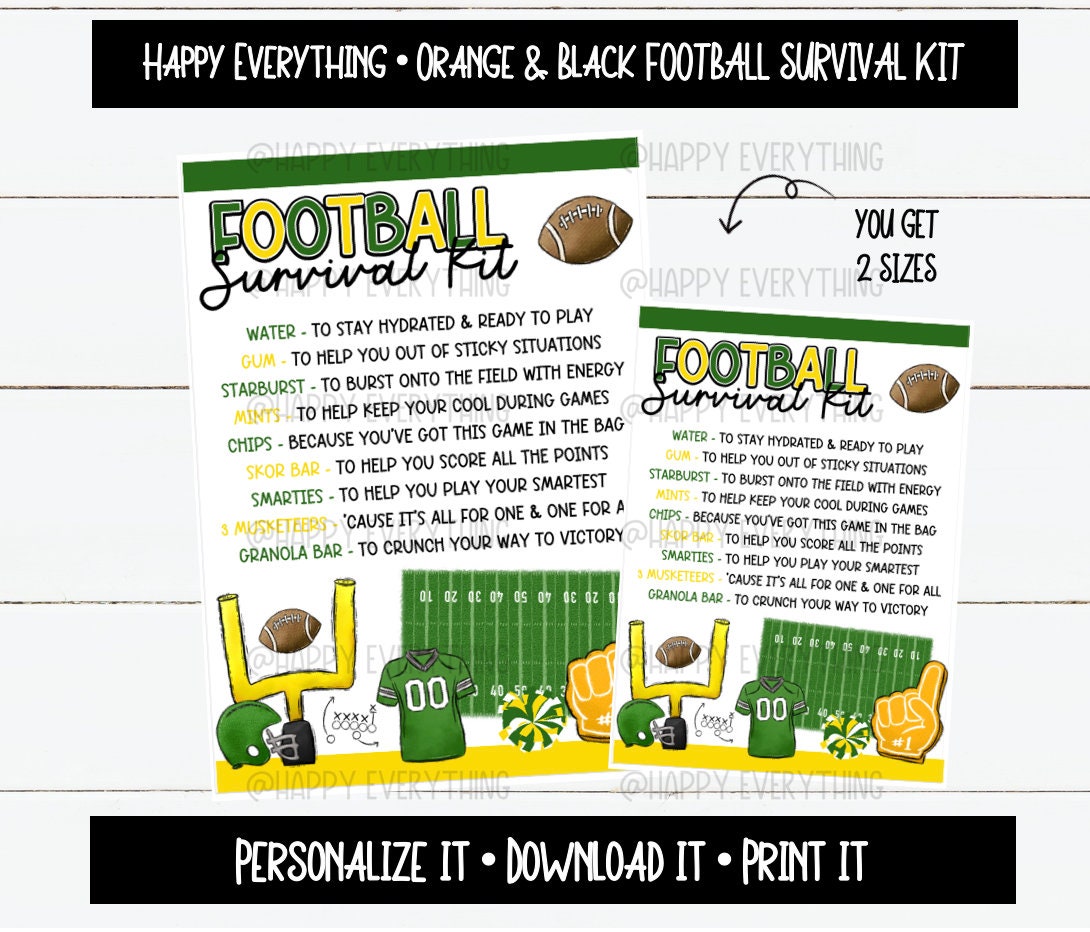 Green & Yellow Football Survival Kit Printable, Instant Digital ...