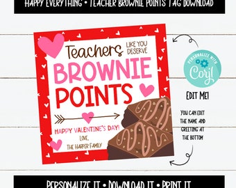 Valentine Teacher Gift Tags, Teachers Deserve Brownie Points, School ...