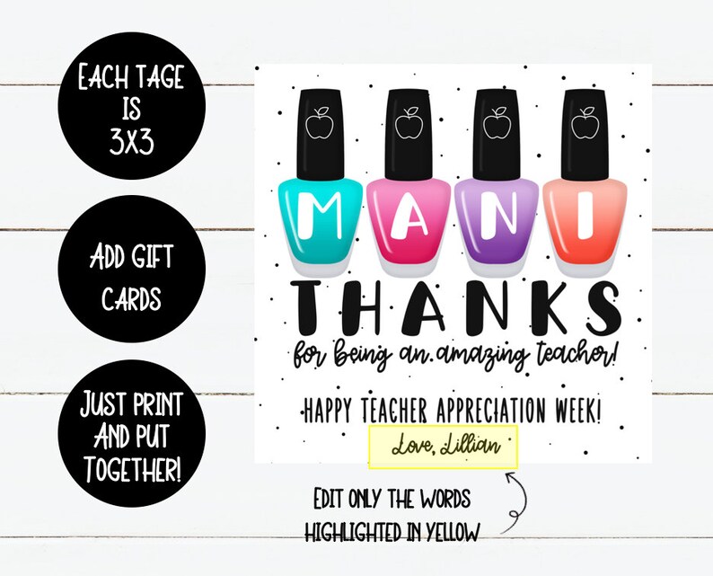 EDITABLE Mani Thanks Teacher Appreciation Tag - Etsy
