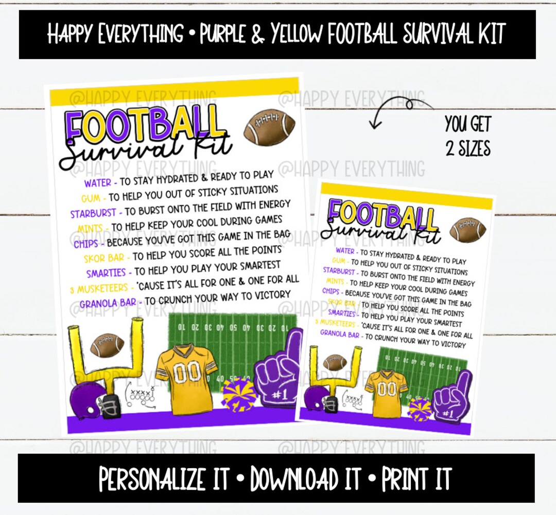 Purple & Yellow Football Survival Kit Printable, Instant Digital ...