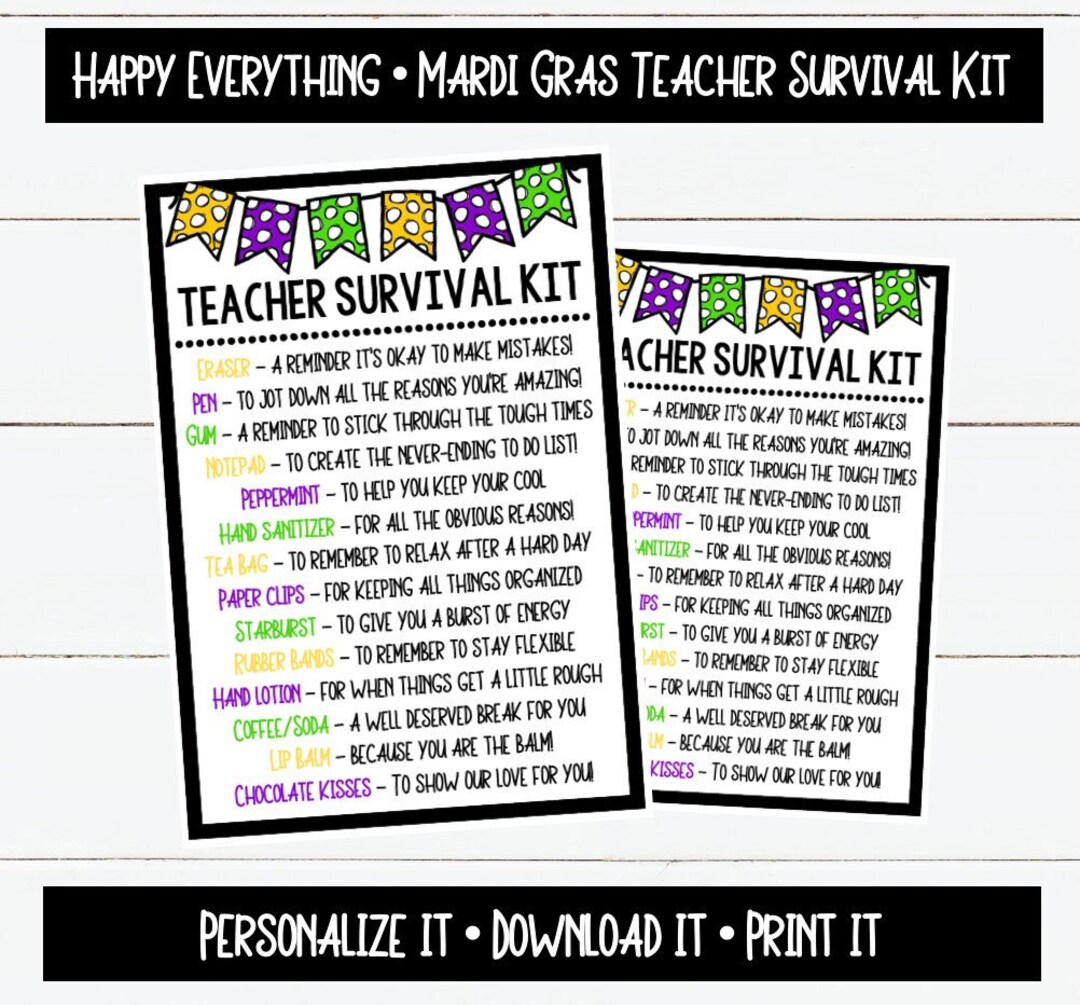 Mardi Gras Teacher Survival Kit Printable - Etsy