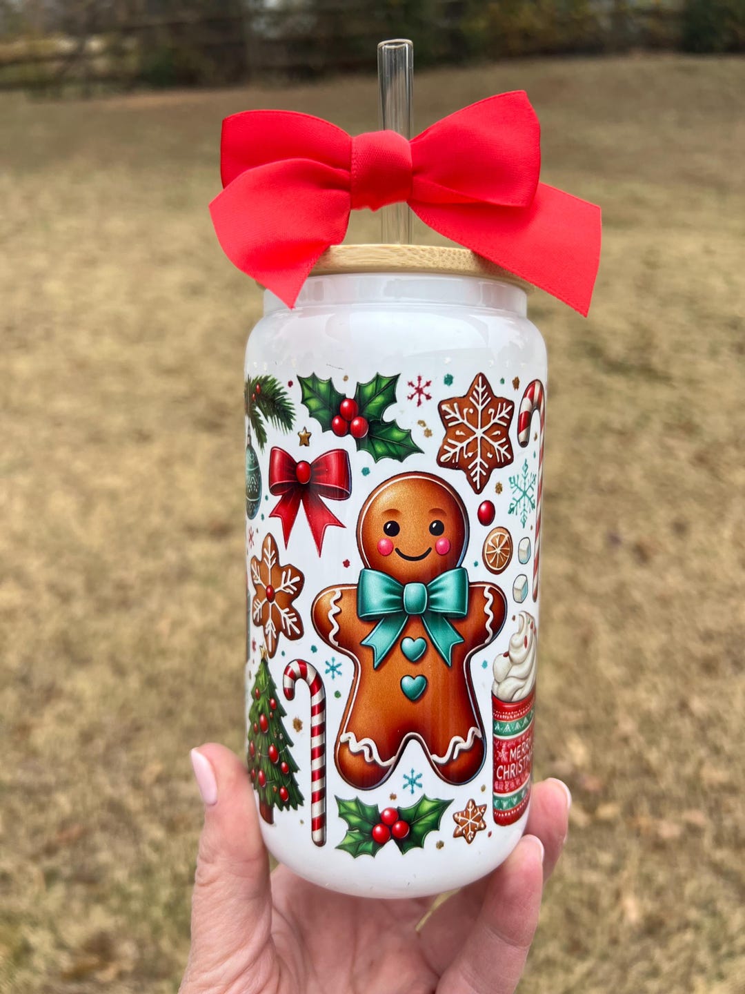 16 Oz Christmas Gingerbread Man Glass Can With Lid & Straw, Christmas ...