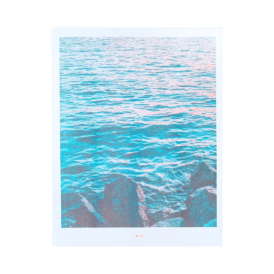 River Sunset - Risograph Art Print, Waves, Water, Nature Poster ...