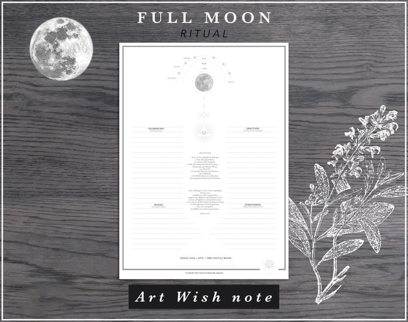 Full Moon Ritual Wish Note Work Sheet Celebration Release Gratitude ...