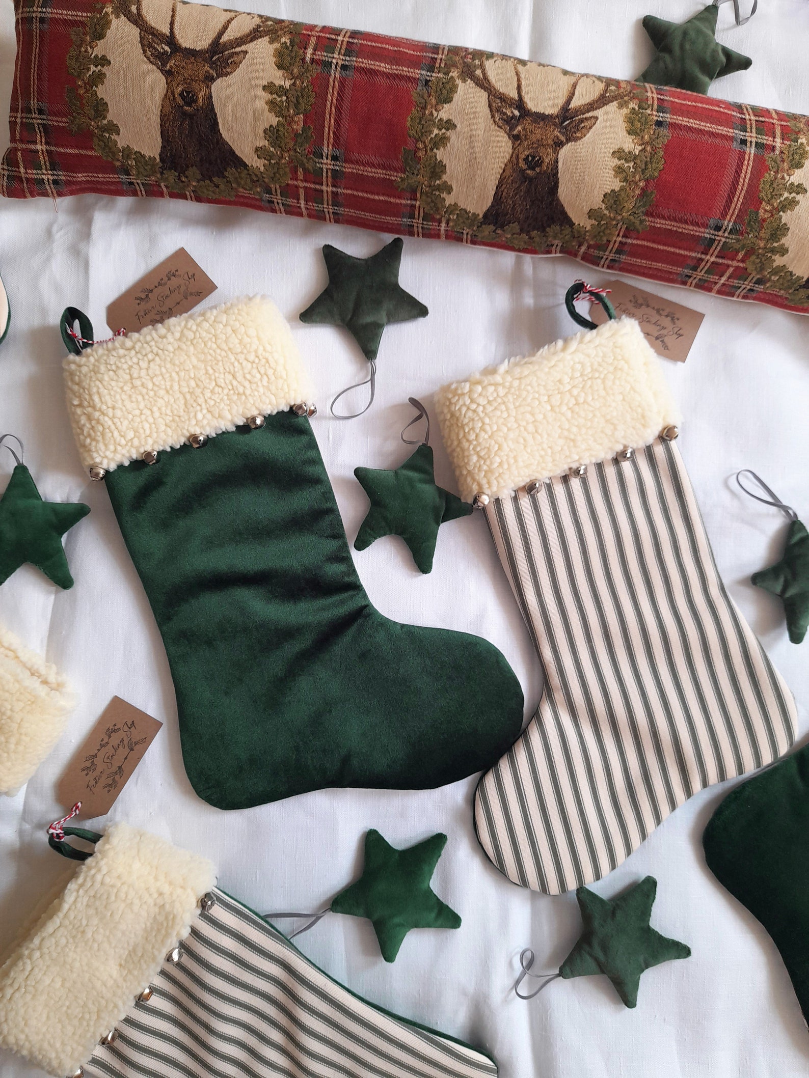 Green Velvet & Stripe Christmas Stocking, Holiday Stockings, Fireplace ...