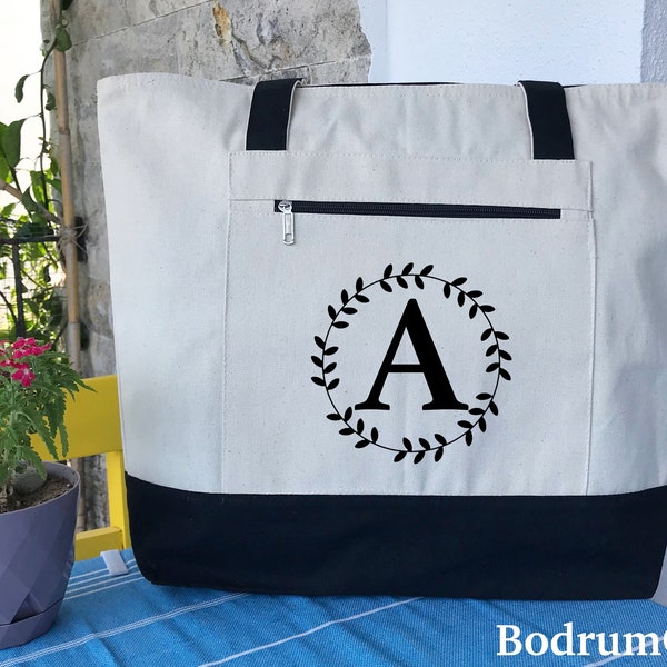 Tote Bag With Zipper and Initial - Etsy
