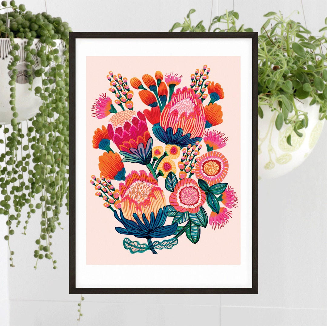 Botanical Wall Art, Australian Flowers Art Print, Protea Flowers Wall ...
