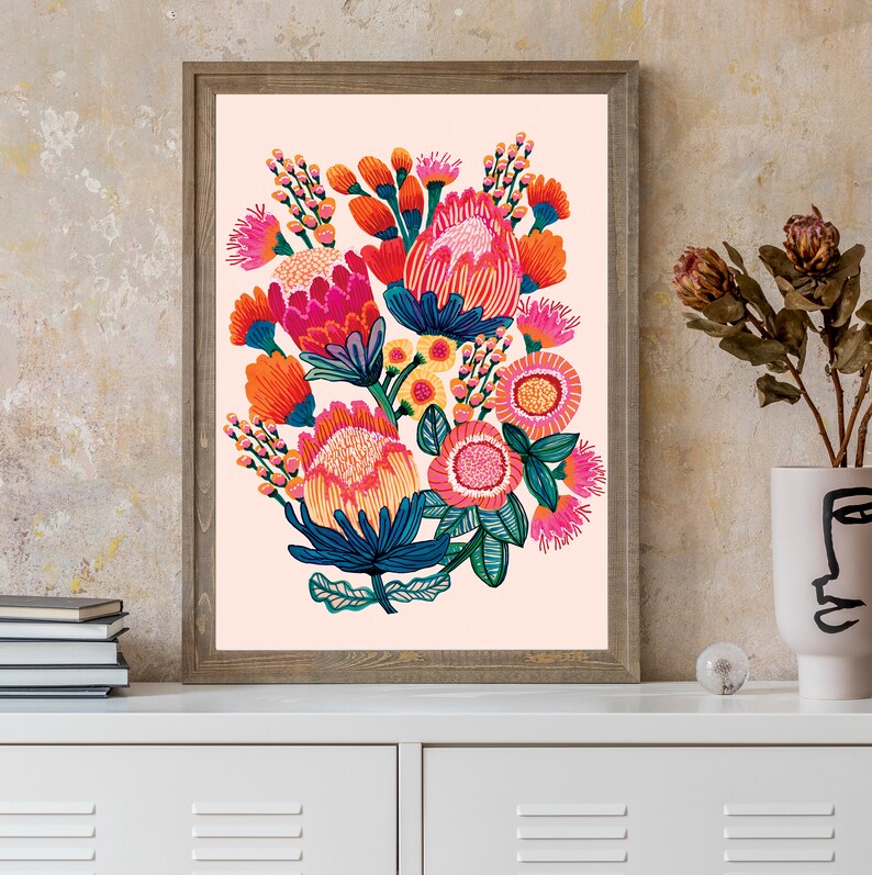 Protea Flower Art Print, Australian Native Flora, Botanical Wall Decor ...