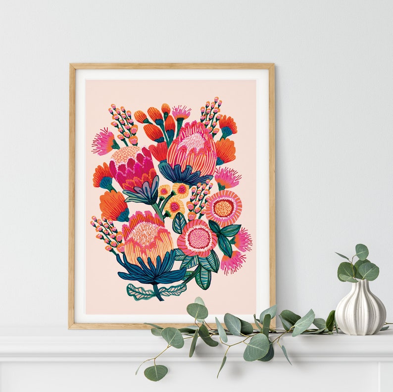 Protea Flower Art Print, Australian Native Flora, Botanical Wall Decor ...