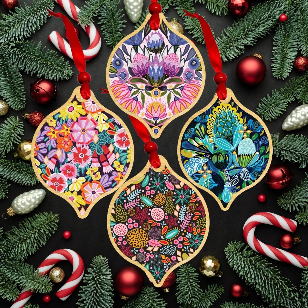 Australian Christmas Floral Bling Wooden Bauble Set Etsy